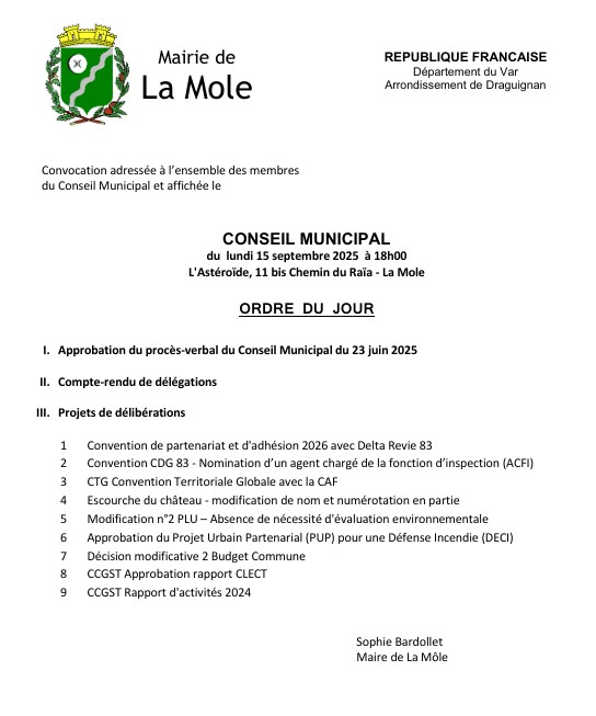 Ordre du jour du prochain Conseil Municipal du 15 septembre 2025 - La Mole